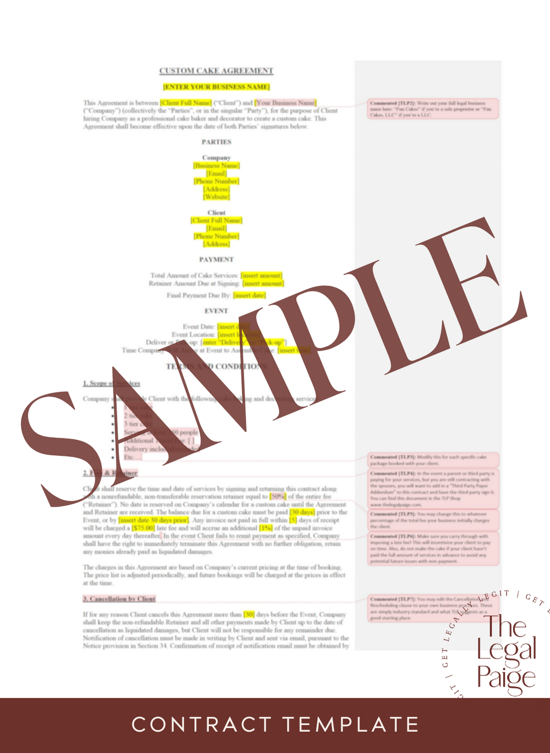 Cake Contract Template for Bakers & Cake Artists - The Legal Paige®